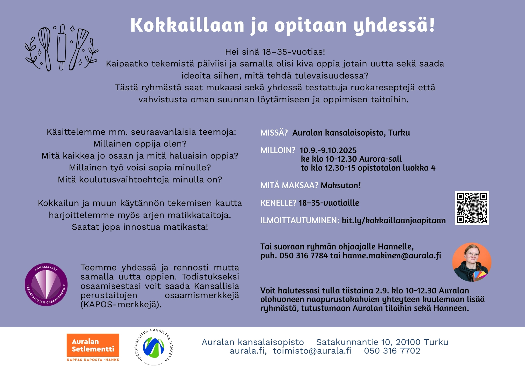 Kokkaillaan ja opitaan yhdessä -ryhmä 18-35-vuotiaille - Auralan ...
